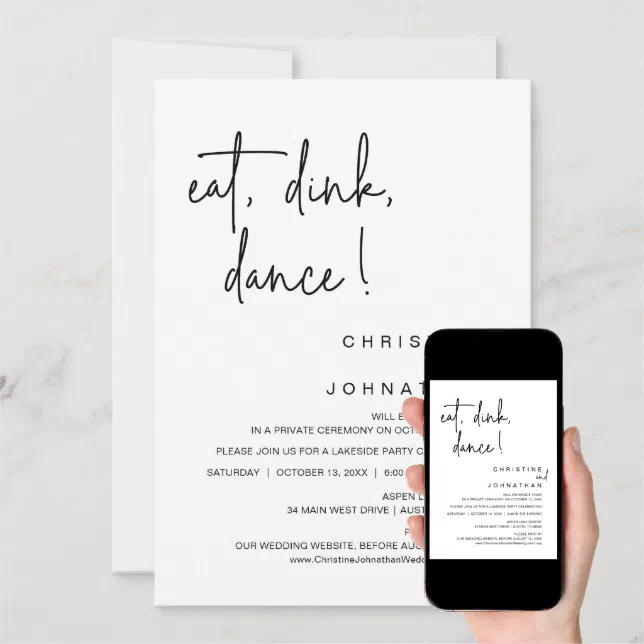 Eat, Drink, Dance, Wedding Elopement Dinner Invitation | Zazzle