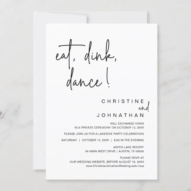 Eat, Drink, Dance, Wedding Elopement Dinner Invitation | Zazzle