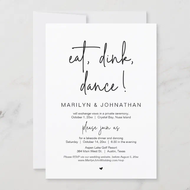 Eat, Drink, Dance, Wedding Elopement Dinner Party Invitation | Zazzle