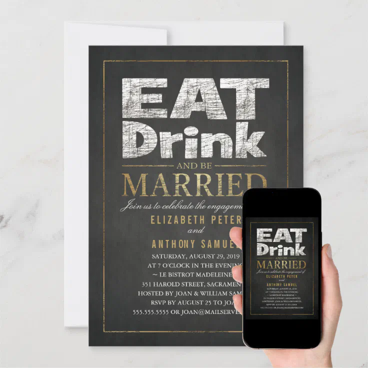 Eat Drink Gold Effect Funny Engagement Party Invitation | Zazzle