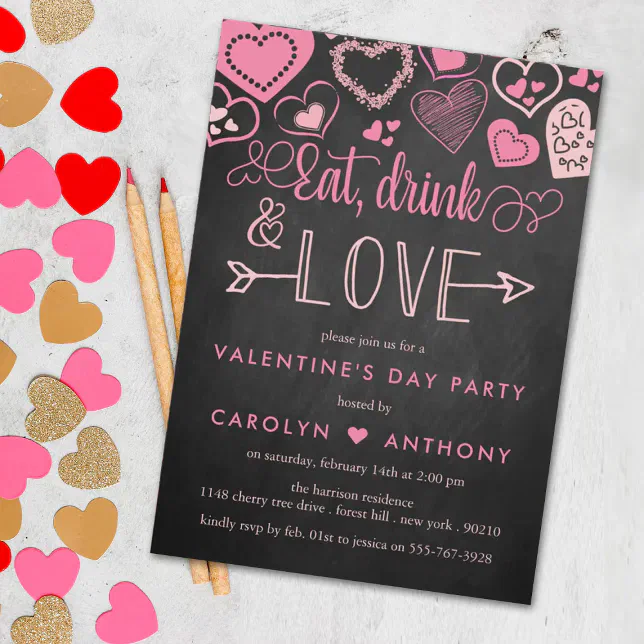 "Eat, Drink & Love" Valentine's Day Party Invitation | Zazzle