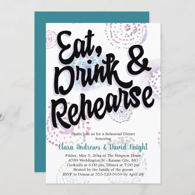 Eat, Drink & Rehearse Watercolor Rehearsal Dinner Invitation | Zazzle