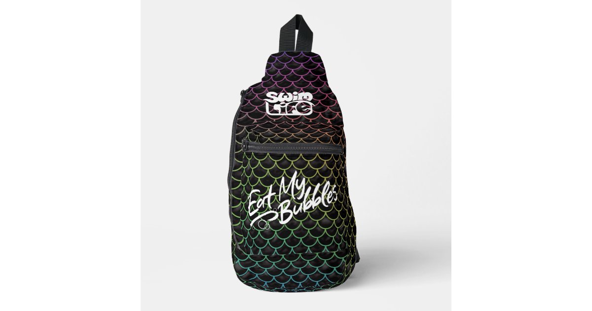 "Eat My Bubbles" Black/Rainbow scales Swim Life Sling Bag | Zazzle