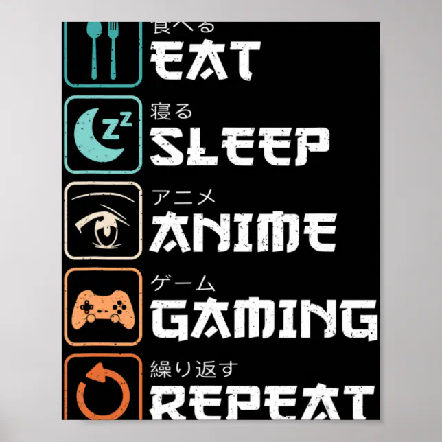 Eat Sleep Anime Gaming Repeat Fun Otaku Gamer Poster | Zazzle