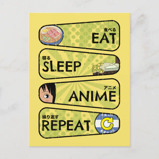 Eat Sleep Anime Repeat - Anime Icons & Kanji Japan Postcard | Zazzle