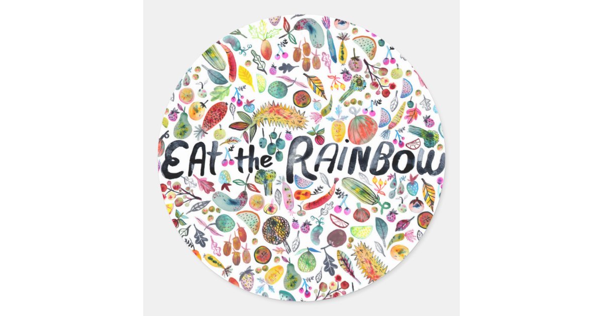 EAT THE RAINBOW colorful fruits veggies watercolor Classic Round ...