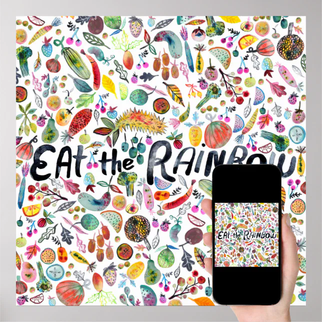 EAT THE RAINBOW colorful fruits veggies watercolor Poster | Zazzle