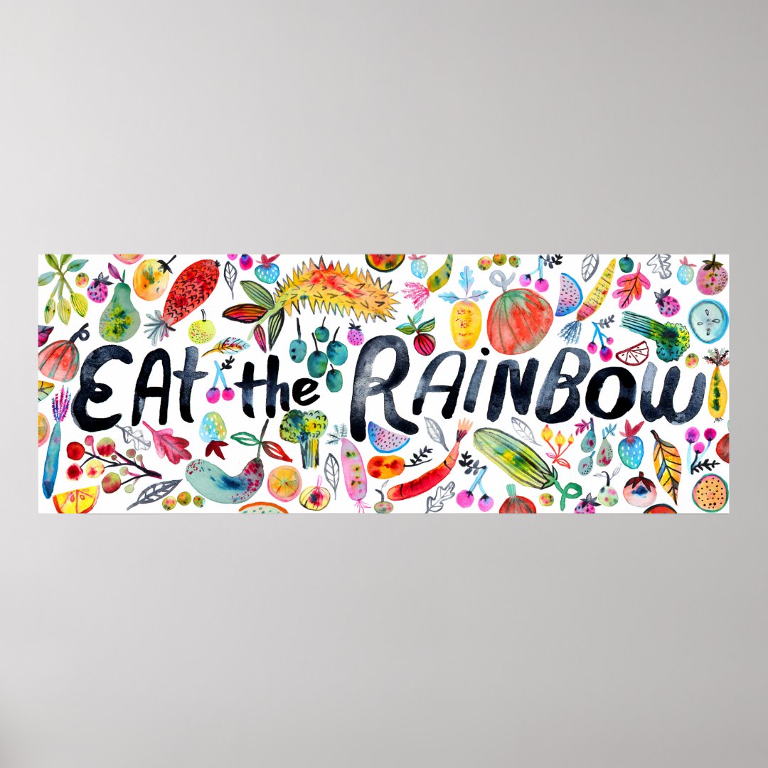 Eat the Rainbow Colorful Watercolor Fruit Veggies Poster | Zazzle