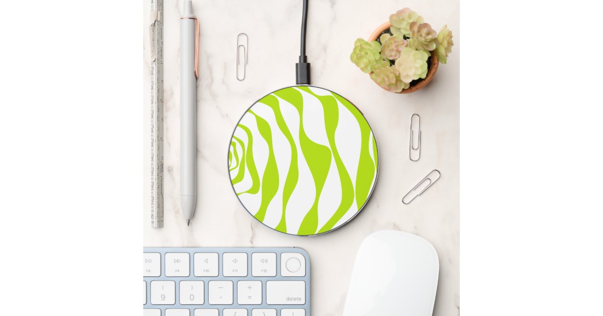 Ebb and Flow 4 in Lime Green and White Wireless Charger | Zazzle