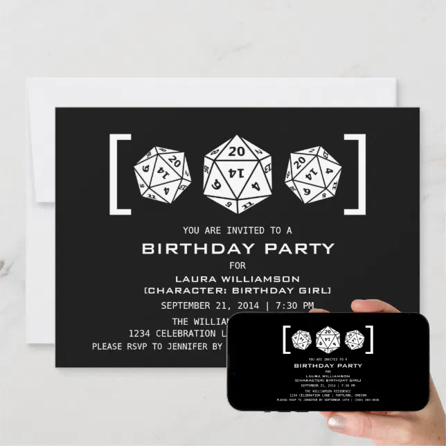 Ebony D20 Dice Gamer Birthday Party Invite | Zazzle