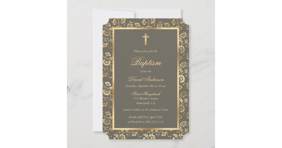 Ebony Gold Cross Script Floral Baptism Invitation | Zazzle