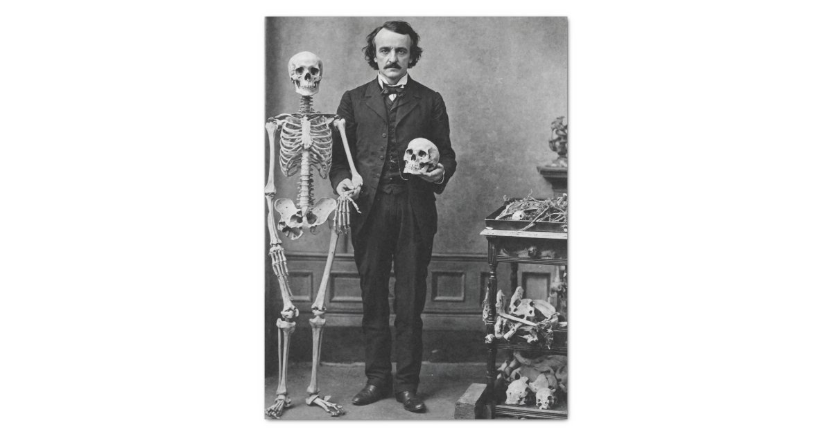 Edgar Allan Poe Holding a Skeleton Halloween Art Tissue Paper | Zazzle