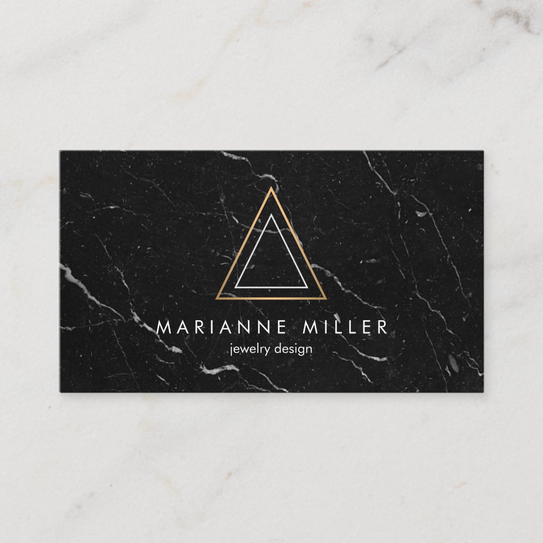 Edgy Rose Gold Triangle Logo Black Marble Business Card | Zazzle