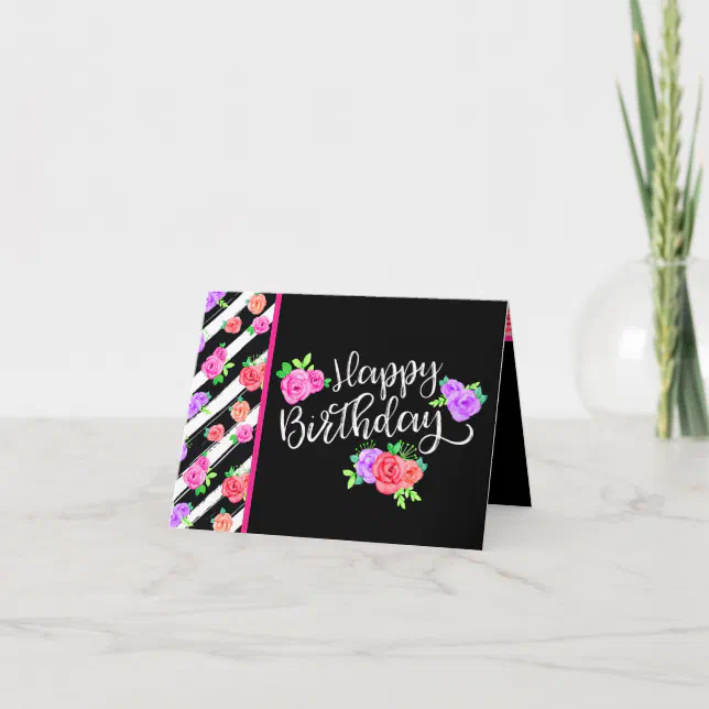 Edgy Roses & Modern Stripes Happy Birthday Card | Zazzle