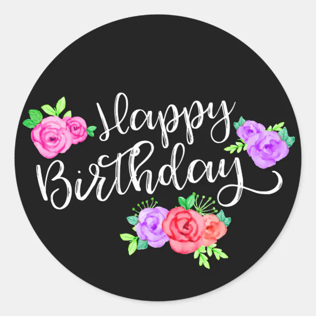 Edgy Roses & Modern Stripes Trendy Happy Birthday Classic Round Sticker ...