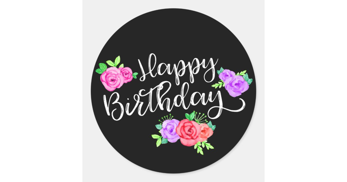 Edgy Roses & Modern Stripes Trendy Happy Birthday Classic Round Sticker ...