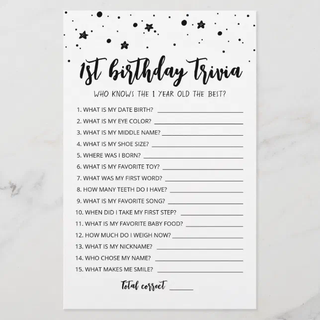 Editable 1st Birthday trivia Birthday party game | Zazzle