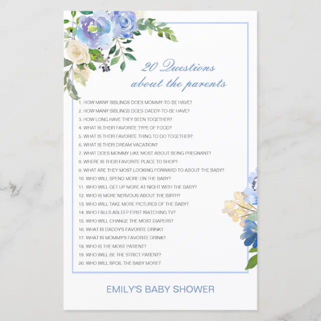 Editable 20 Questions about Parents Baby Shower | Zazzle