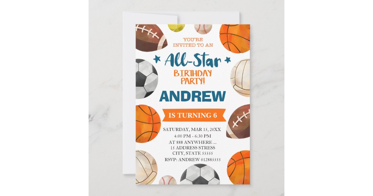 Editable All Star Sports Birthday Invitation | Zazzle