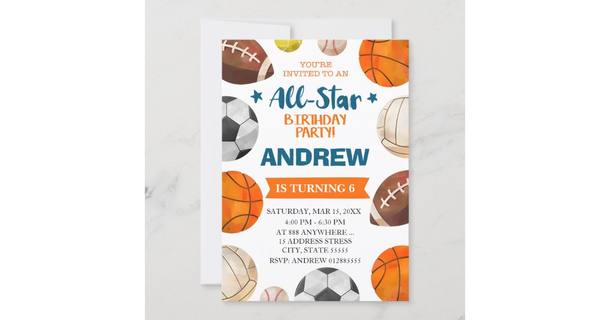 Editable All Star Sports Birthday Invitation | Zazzle