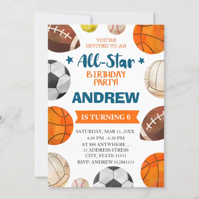 Editable All Star Sports Birthday Invitation | Zazzle