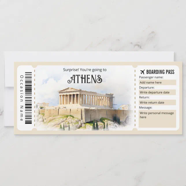 Editable Athens Plane ticket, Greece Trip Invitation | Zazzle