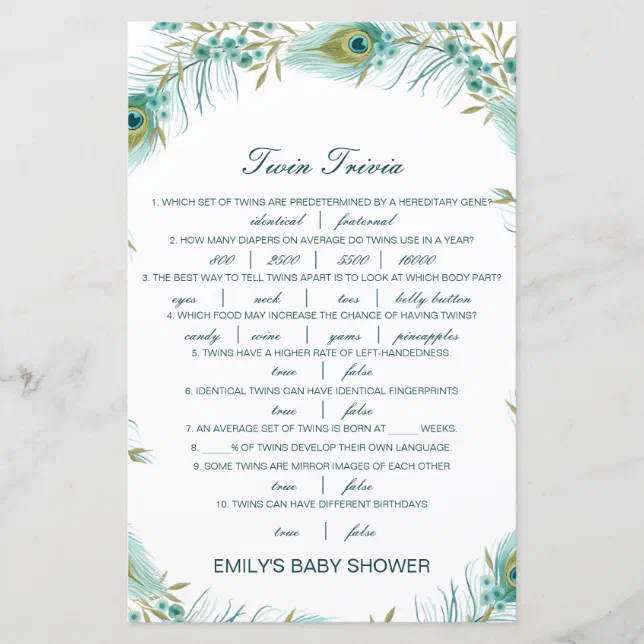 Editable Baby Twin Trivia Baby Shower with Answer | Zazzle