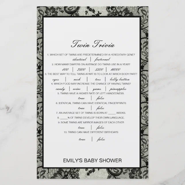 Editable Baby Twin Trivia Baby Shower with Answer | Zazzle