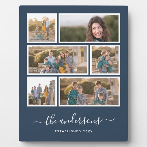 Editable Background Color Six Photo Collage Script Plaque | Zazzle