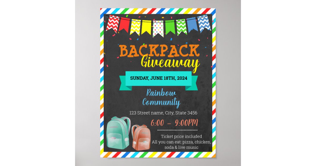 Editable Backpack giveaway flyer Poster | Zazzle