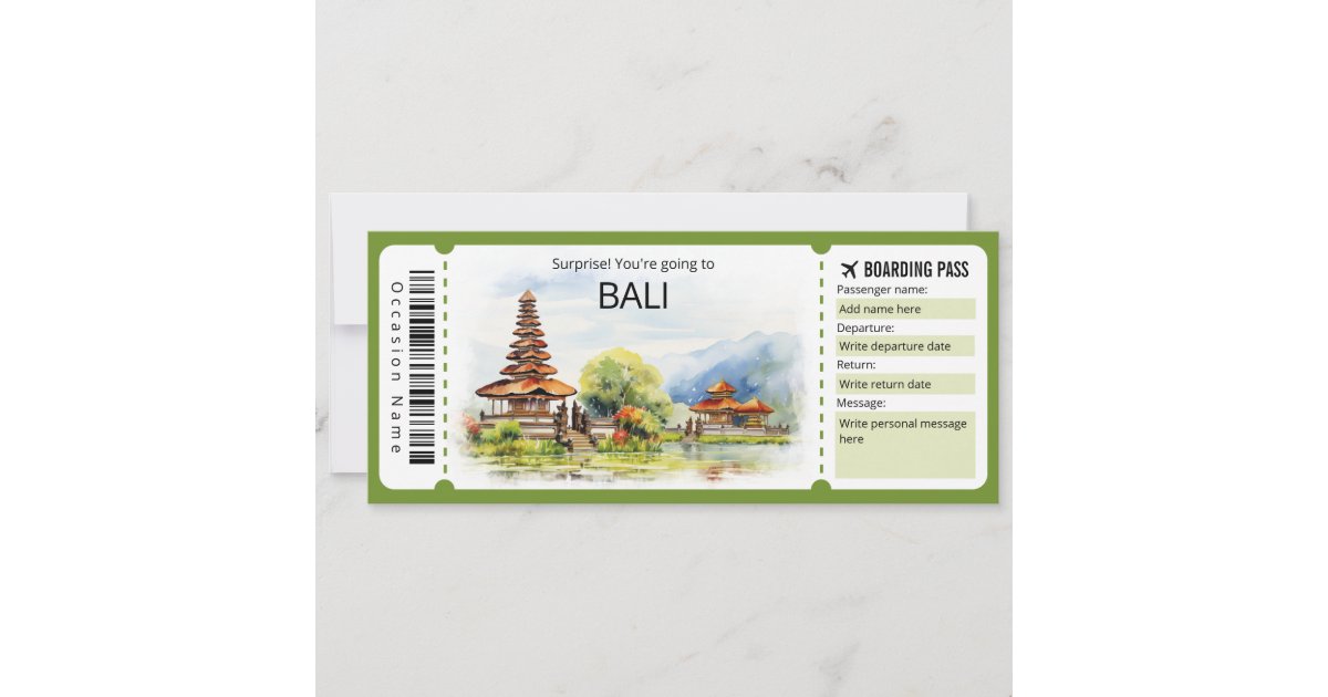 Editable Bali Plane ticket, Bali Trip Invitation | Zazzle
