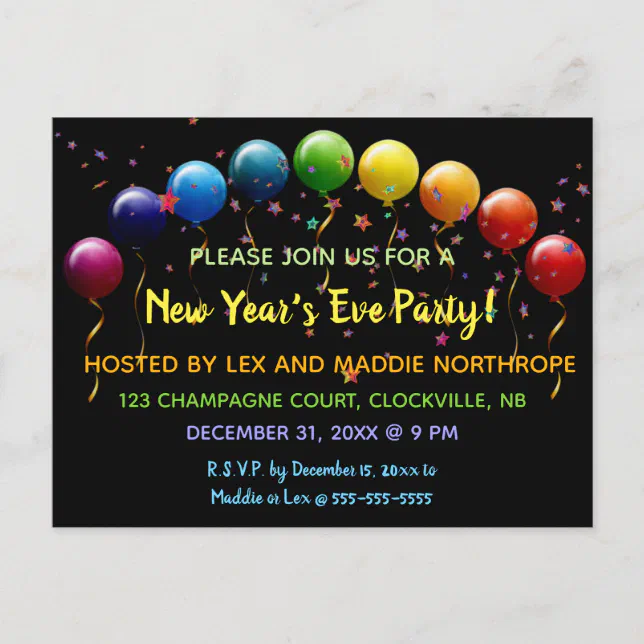 Editable Balloons Stars Confetti New Year's Eve Invitation Postcard ...