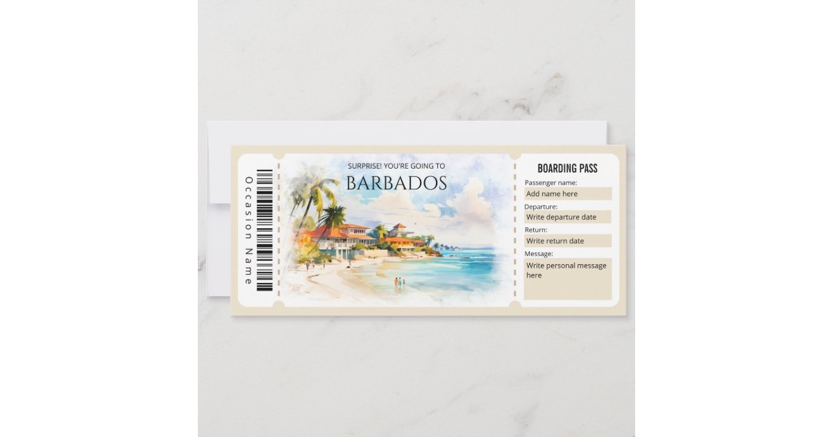Editable Barbados Plane Boarding Pass Ticket Invitation Zazzle 7117