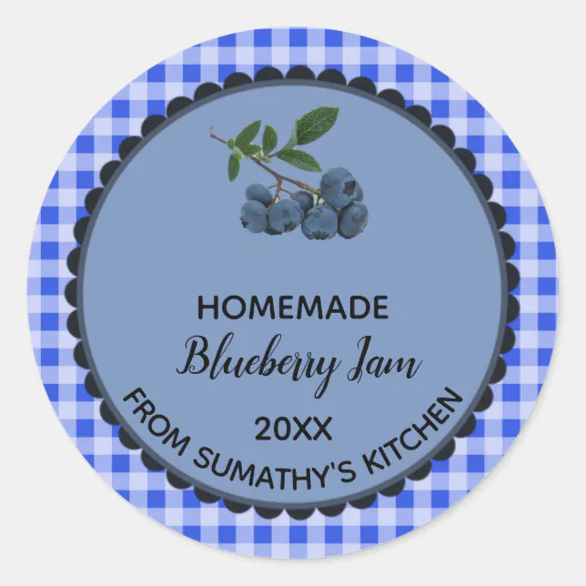 Editable Blue Gingham Blueberry Jam Label Sticker | Zazzle