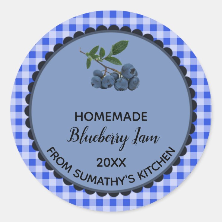 Editable Blue Gingham Blueberry Jam Label Sticker | Zazzle