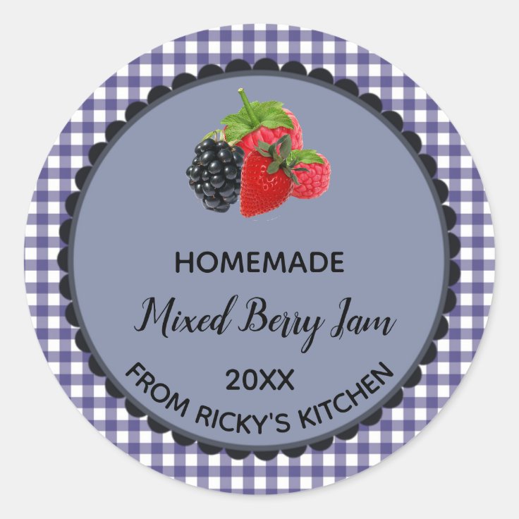 Editable Blue Gingham Mixed Berry Jam Label Sticke | Zazzle