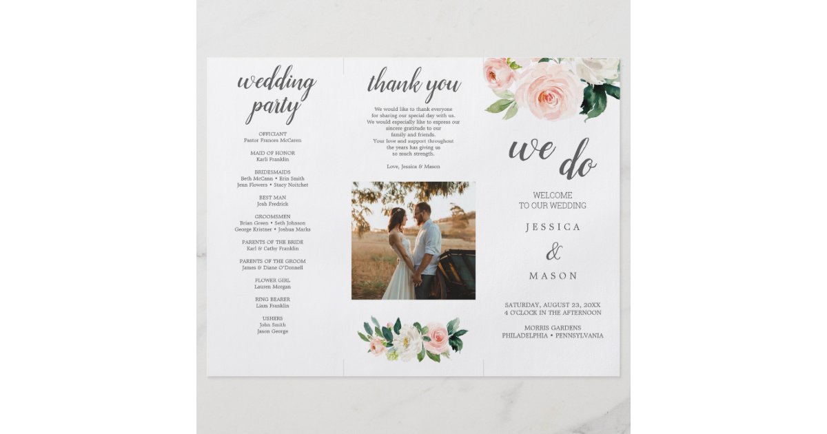 Editable Blushing Blooms Trifold Wedding Program Flyer | Zazzle