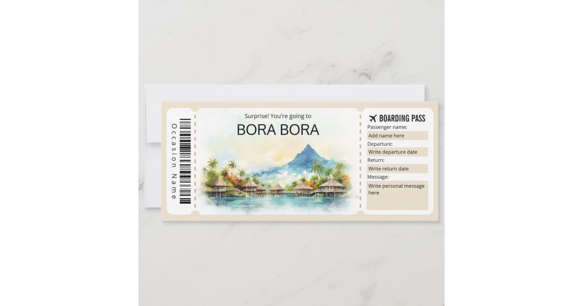 Editable Bora Bora Plane ticket Boarding Pass Invitation | Zazzle