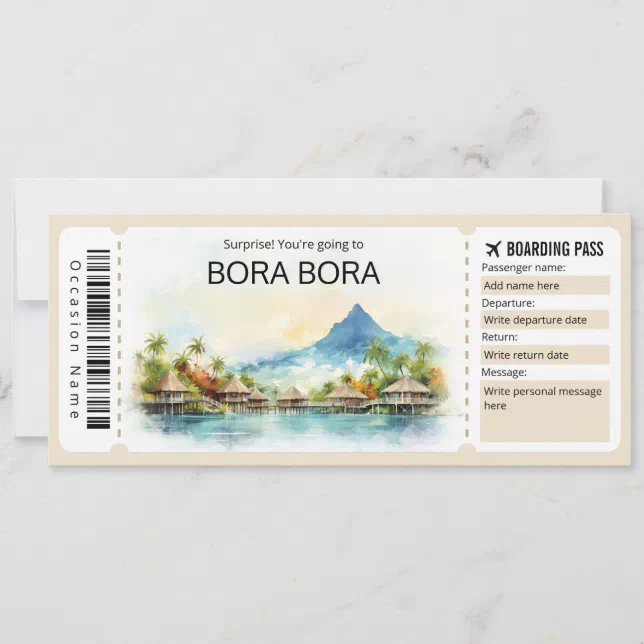 Editable Bora Bora Plane ticket Boarding Pass Invitation | Zazzle