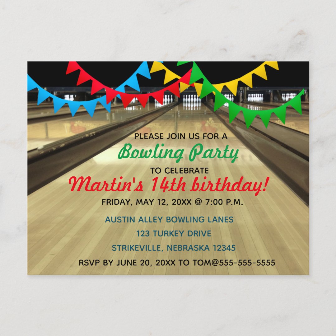 Editable Bowling Alley Lane Birthday Party Invitation Postcard | Zazzle