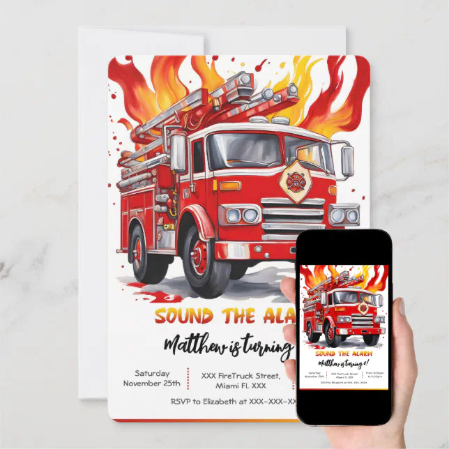 Editable Boy Fire Truck Birthday Invitation | Zazzle