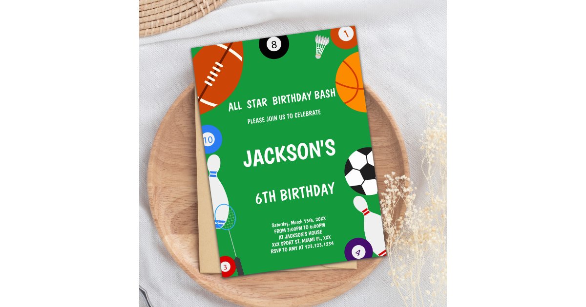 Editable Boys All-Star Multi-Sport Party Invite | Zazzle