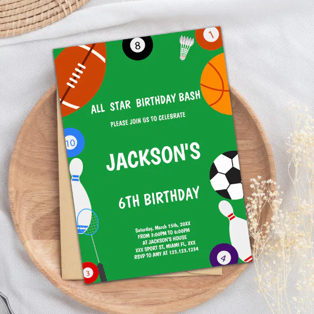 Editable Boys All-Star Multi-Sport Party Invite | Zazzle