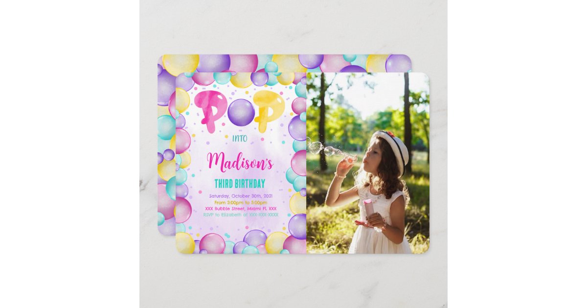 Editable Bubbles Birthday Photo Invitation | Zazzle