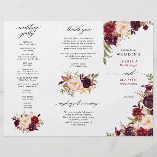 Editable Burgundy Marsala Tri-Fold Wedding Program | Zazzle.com