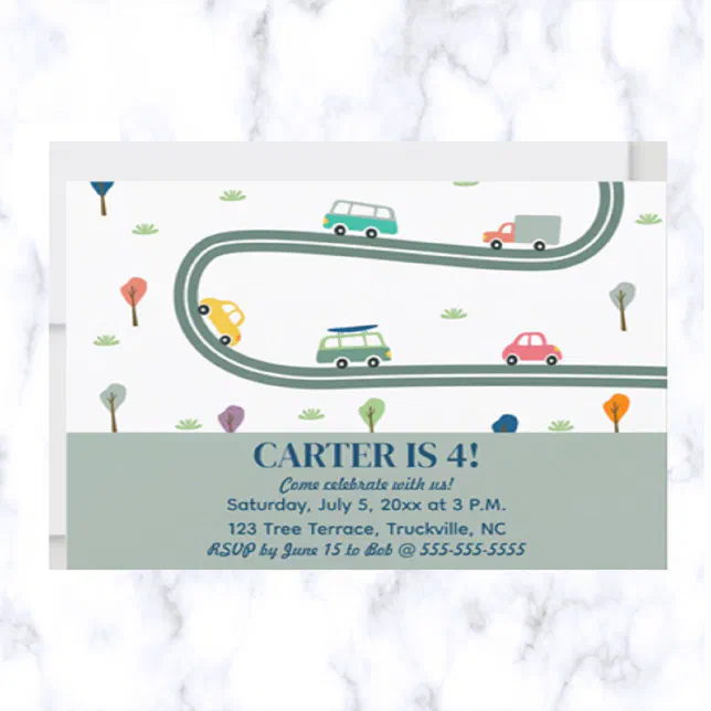 Editable City Traffic Cars Trucks Trees Birthday Invitation | Zazzle