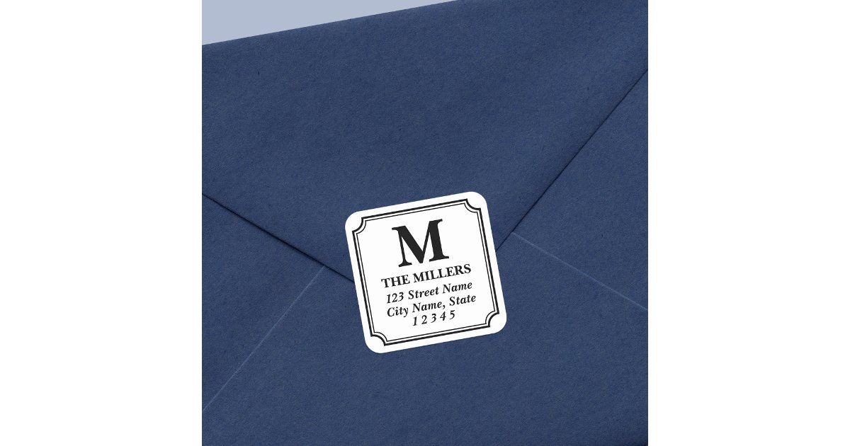 Editable Color Modern Classic Monogram Address Square Sticker | Zazzle