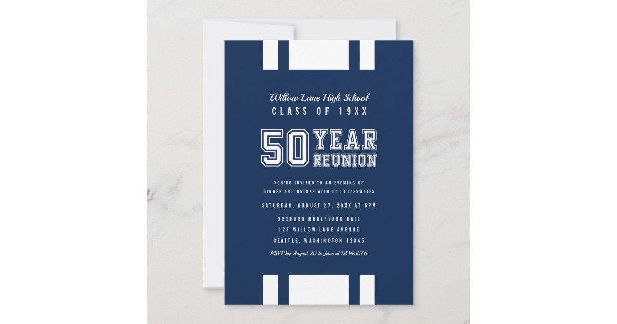 Editable Color Varsity 50 Year Class Reunion Invitation | Zazzle