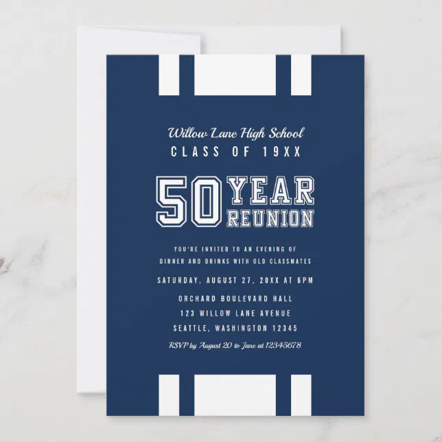 Editable Color Varsity 50 Year Class Reunion Invitation | Zazzle