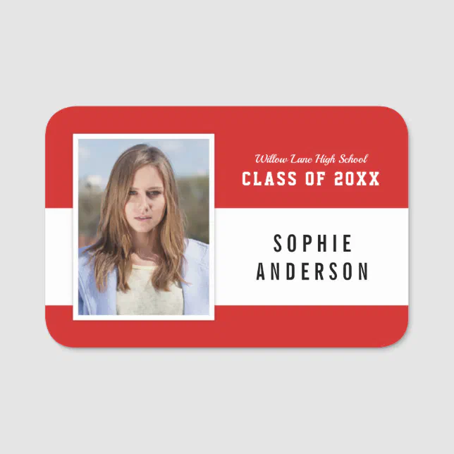 Editable Color Varsity School Class Reunion Photo Name Tag | Zazzle